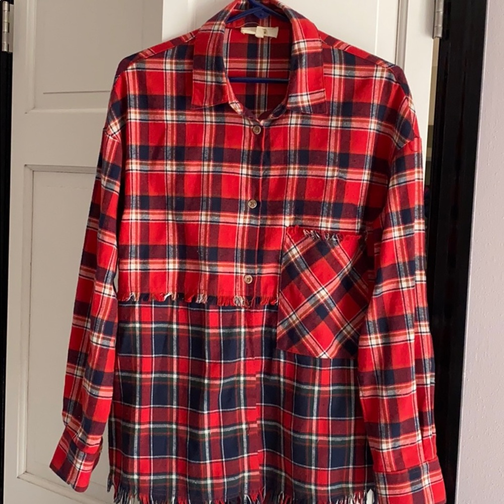 Entro Red Plaid Flannel Shirt W/Fringe Hem. - Gem